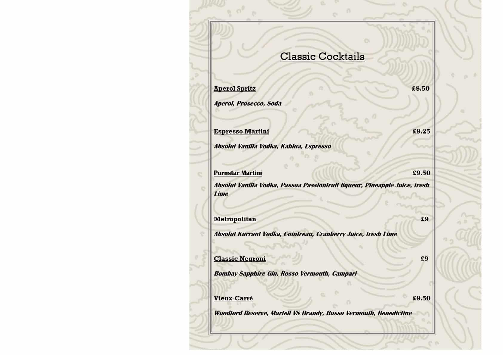 Menu - The Coast - Tarporley