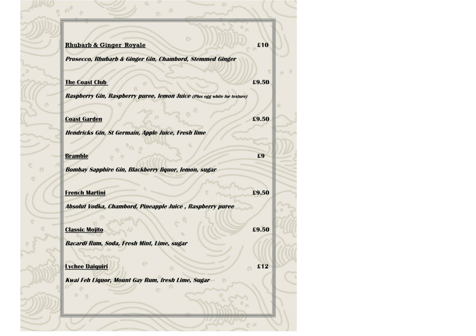 Menu - The Coast - Tarporley
