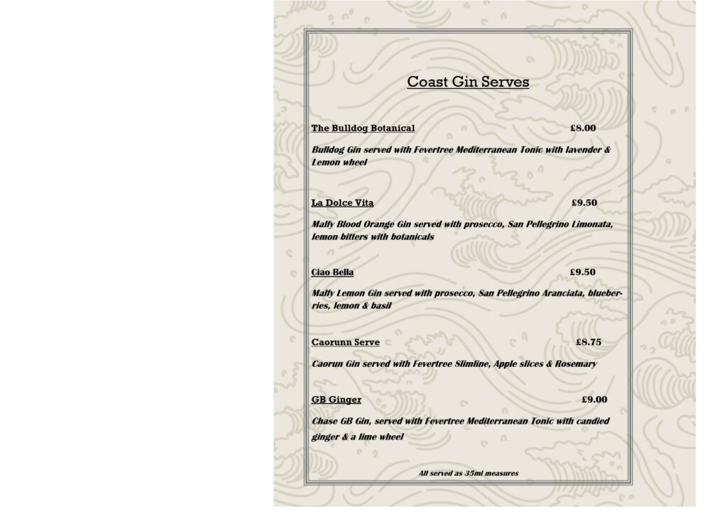 Menu - The Coast - Tarporley