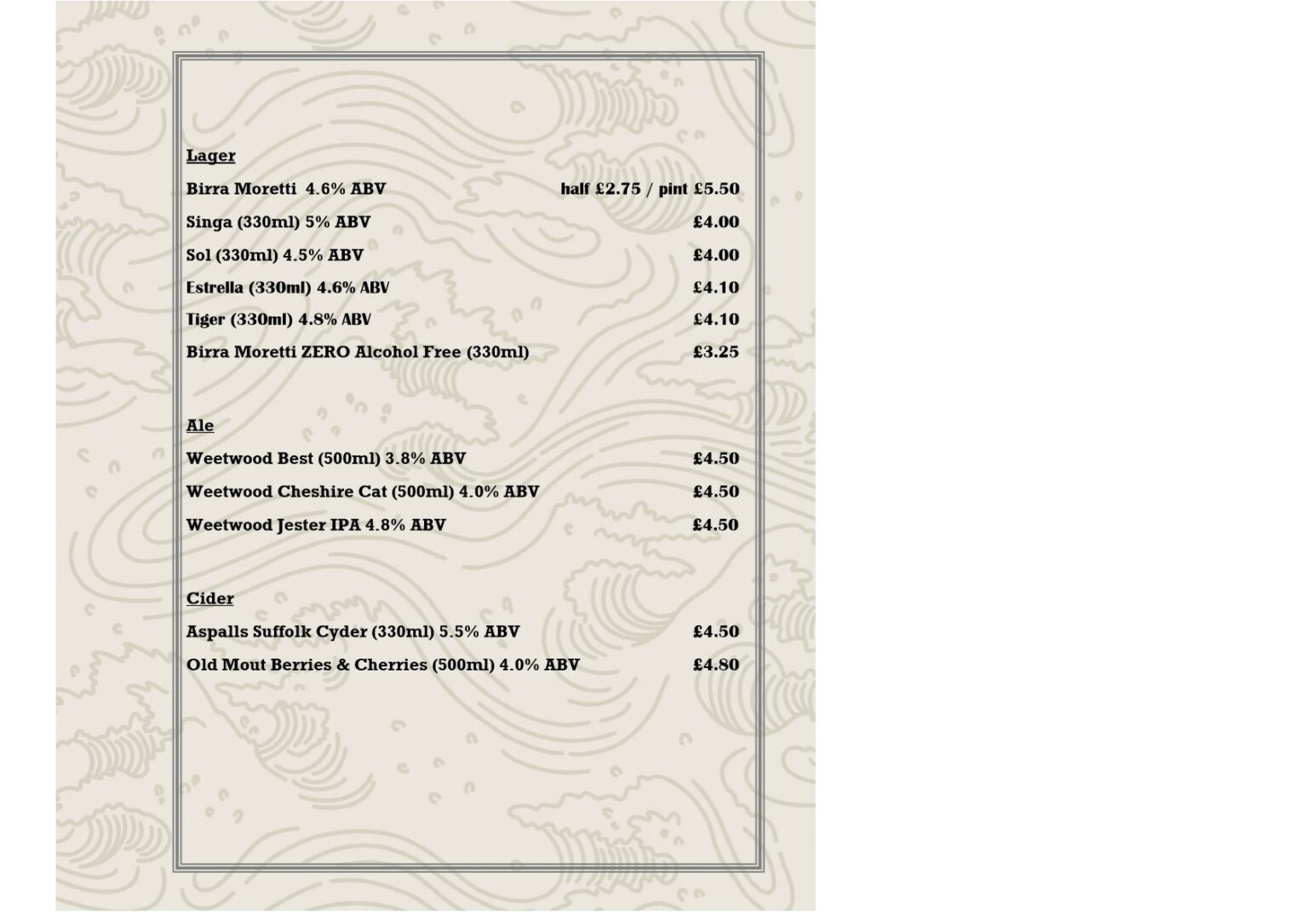 Menu - The Coast - Tarporley