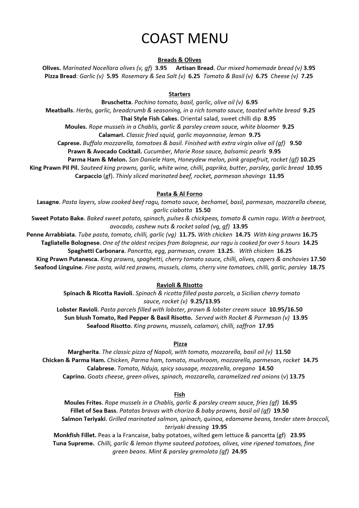 Menu - The Coast - Tarporley
