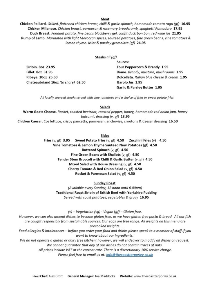 Menu - The Coast - Tarporley