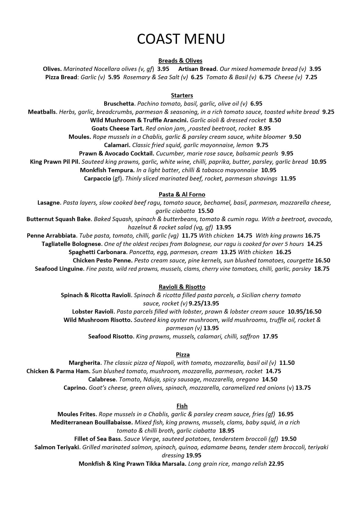 Menu - The Coast - Tarporley
