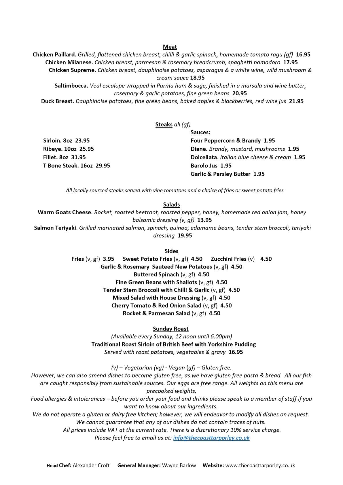 Menu - The Coast - Tarporley