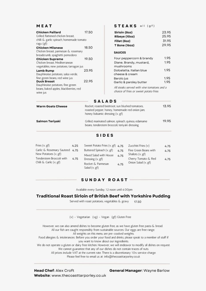 Menu - The Coast - Tarporley