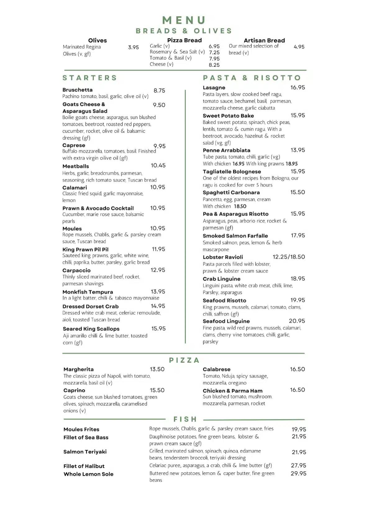 Menu - The Coast - Tarporley